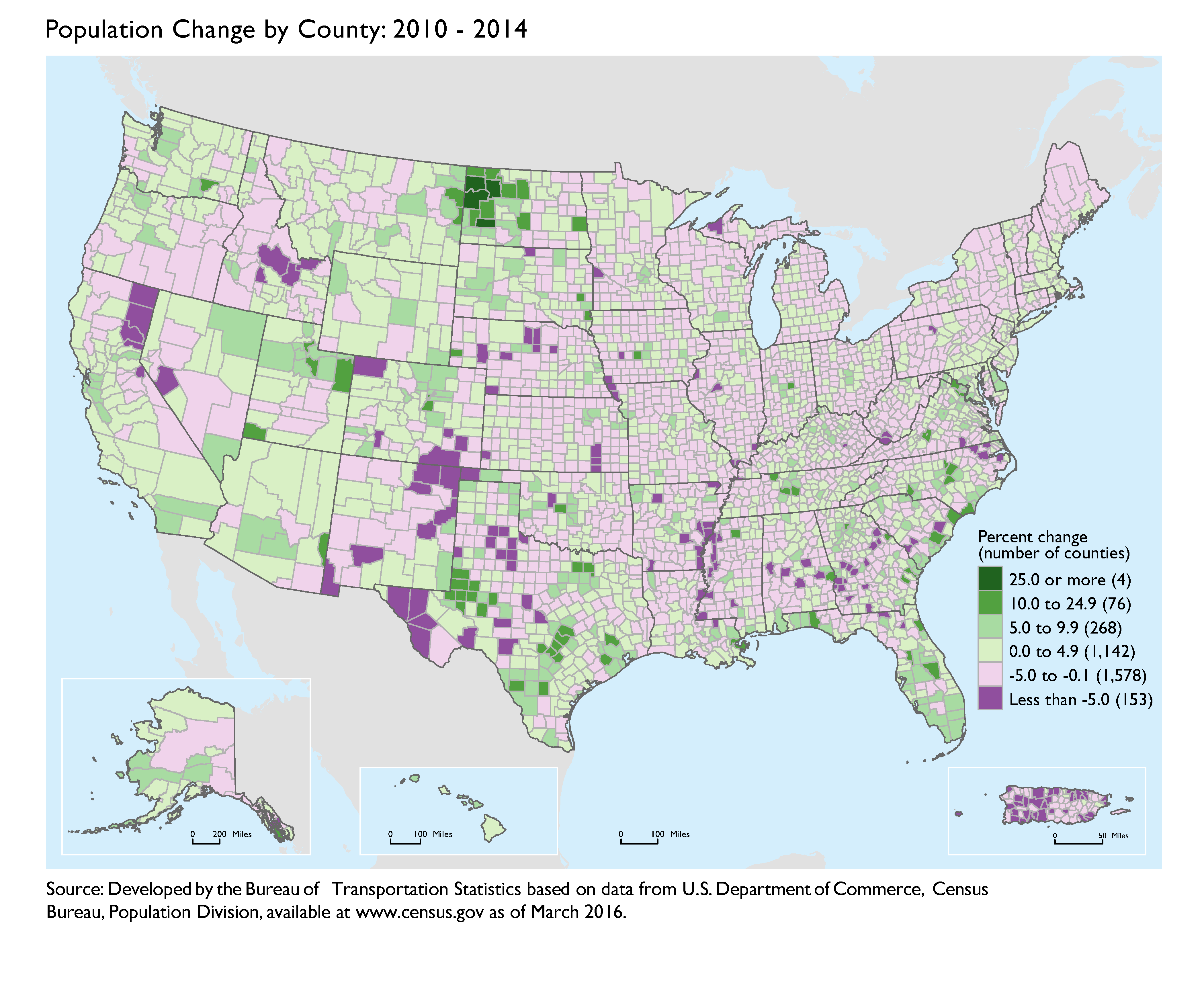 Population Change By County 2010 2014 Bureau Of Transportation